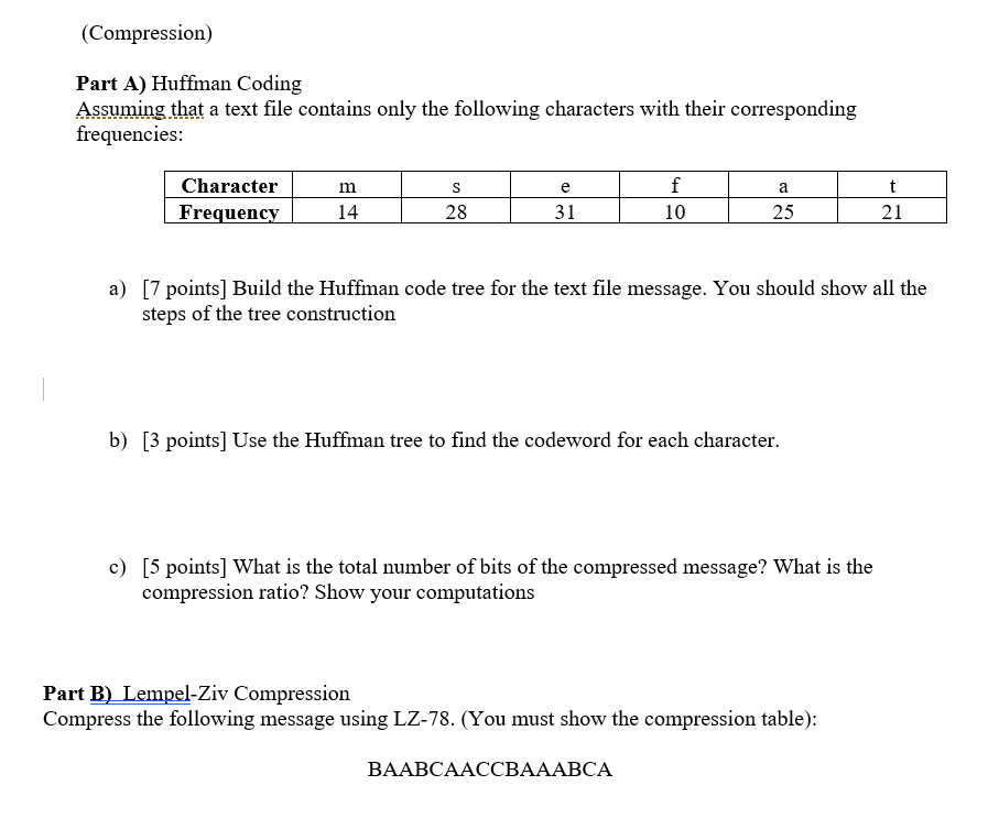 Solved Compression Part A Huffman Coding Assuming That A
